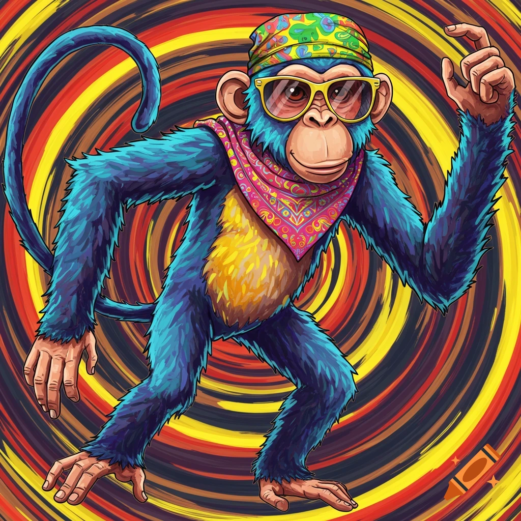 A funky monkey wearing a bandana and sunglasses against a swirling ...