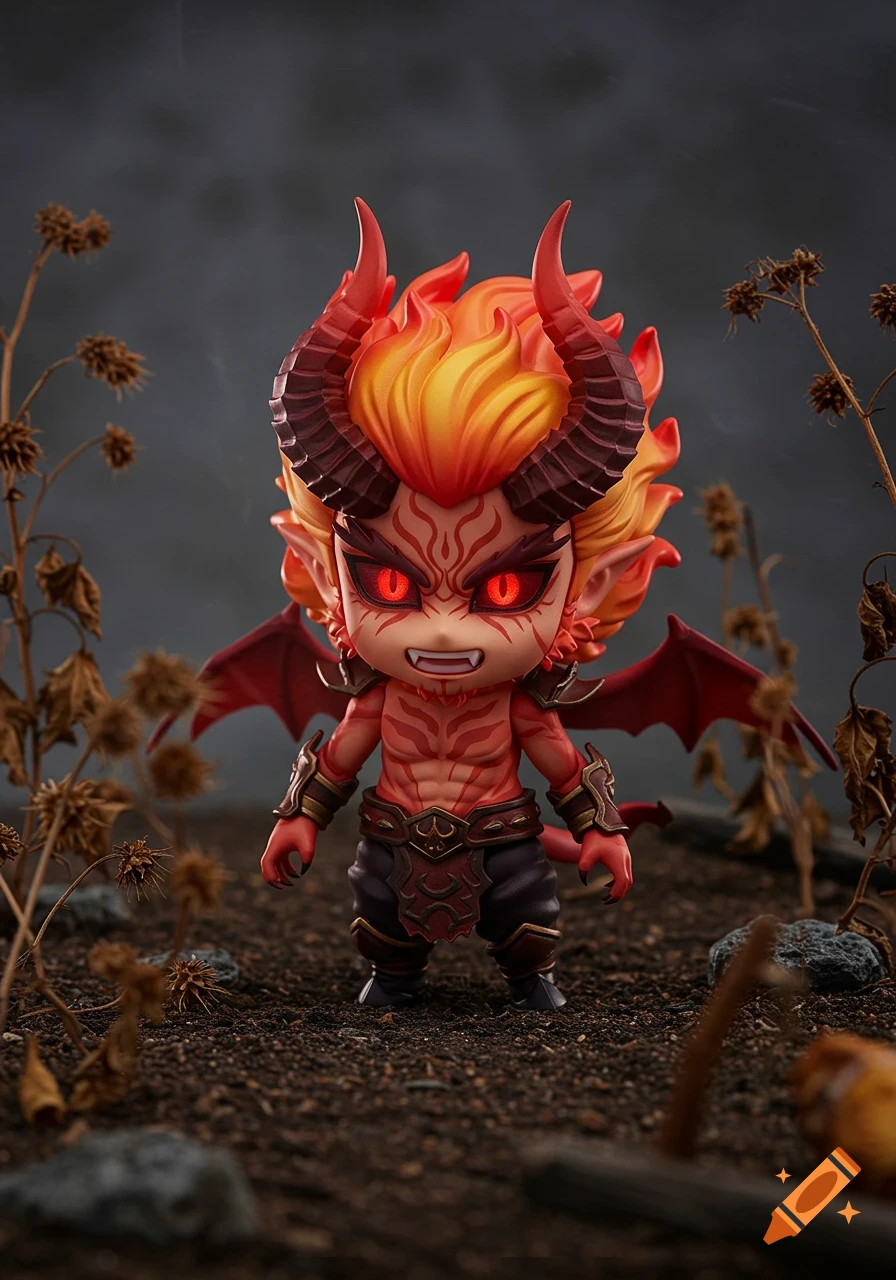 Nendoroid fire demon figure with withered plants on Craiyon
