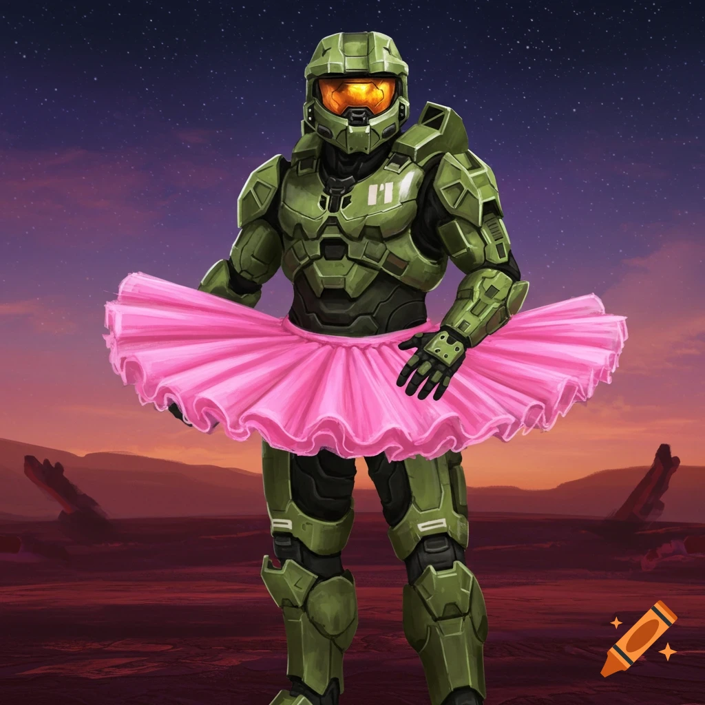 Master Chief in a pink tutu standing in a desert landscape under a ...