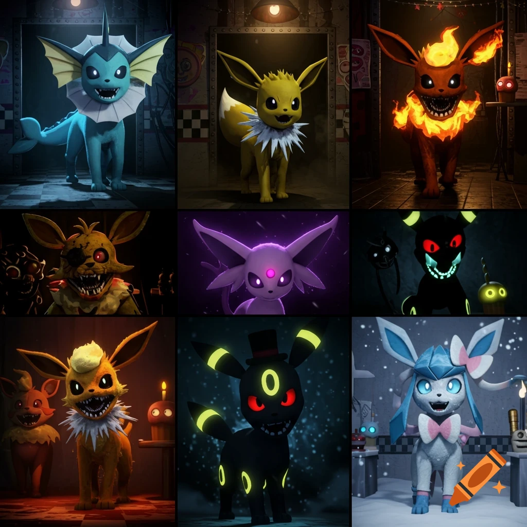 Grid of nine portraits showing various Pokemon Eeveelutions reimagined ...