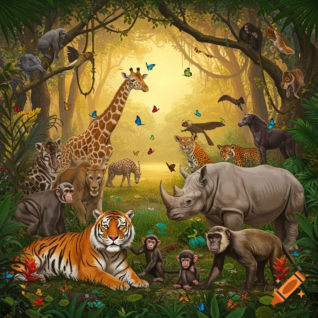 Elephants, giraffes, and tigers look up at a glowing spaceship hovering ...