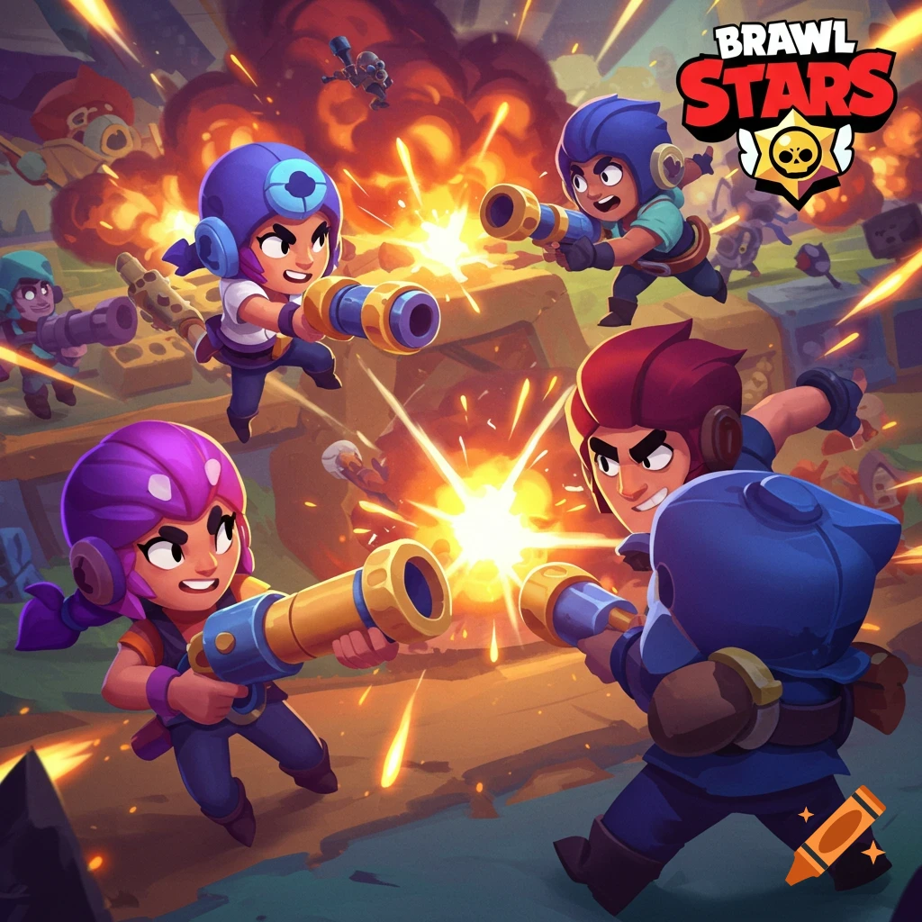 Brawl Stars cartoon characters battle amidst explosions on Craiyon