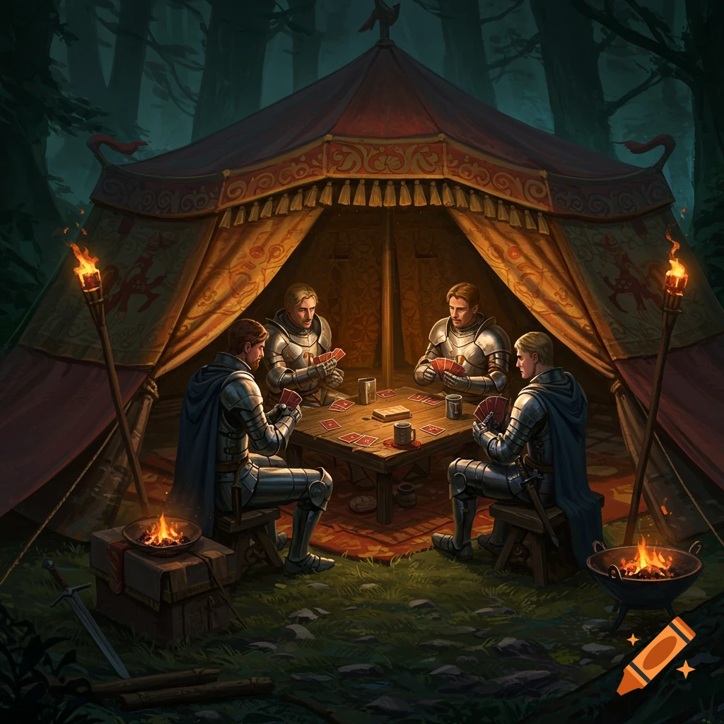 Knights playing cards inside a tent at night. on Craiyon