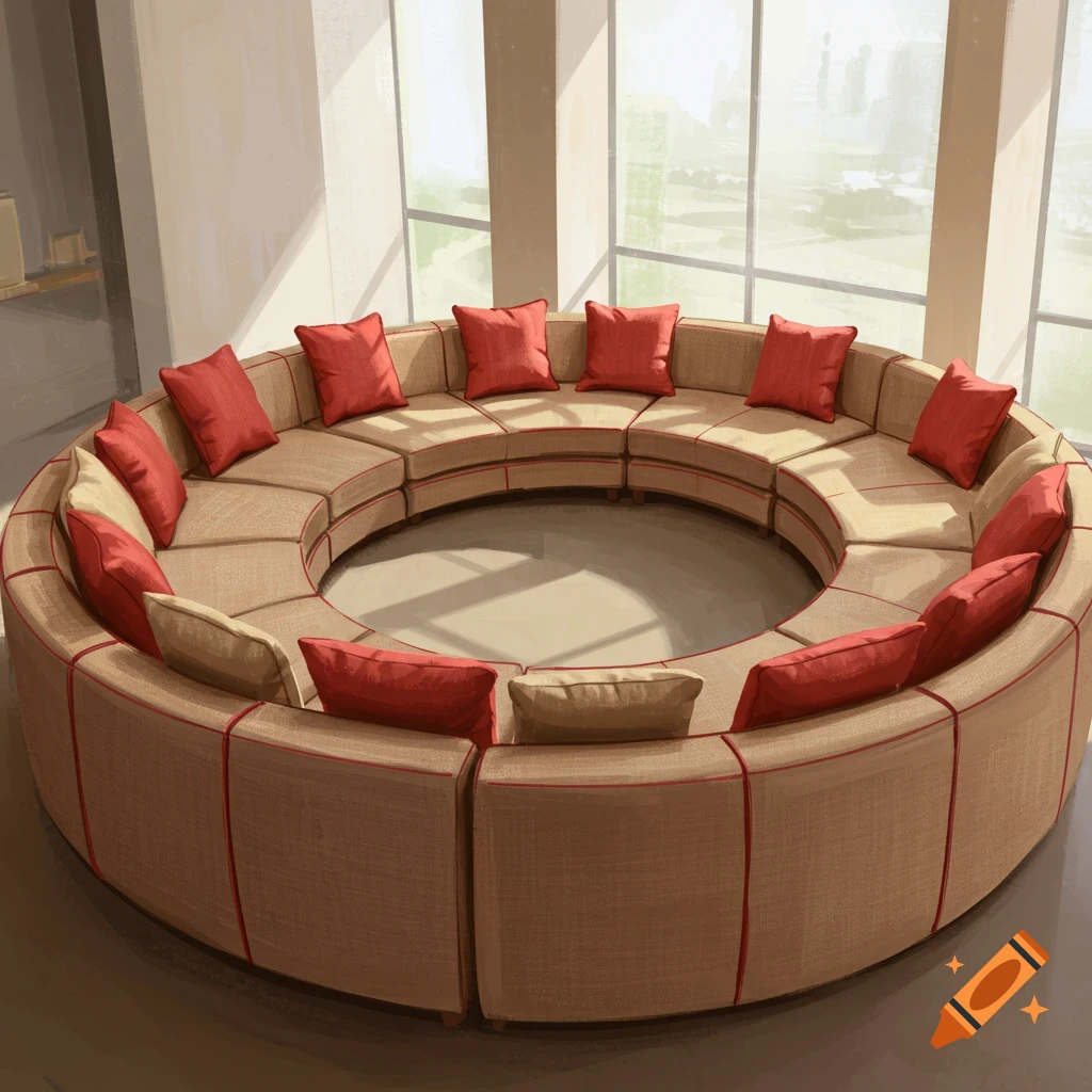 Circular sectional sofa with beige upholstery and red accents, seats 10 ...