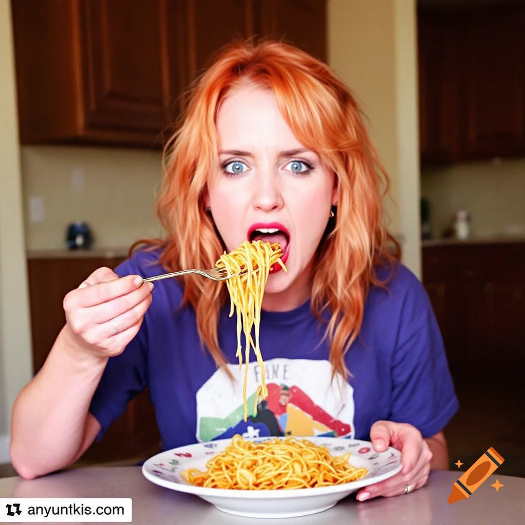 Hayley Williams eating spaghetti on Craiyon