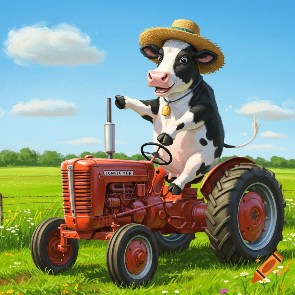 Holstein cow driving a tractor on Craiyon