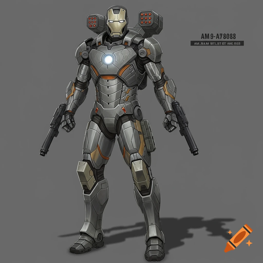 A grey and orange militarized robot suit with shoulder missile pods and ...