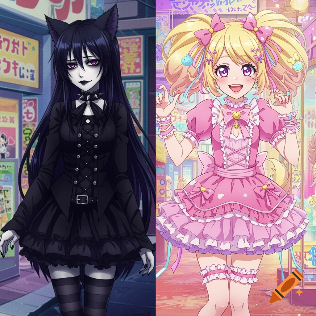 Detailed anime girls: emo black cat girl and blonde decora puppy girl ...