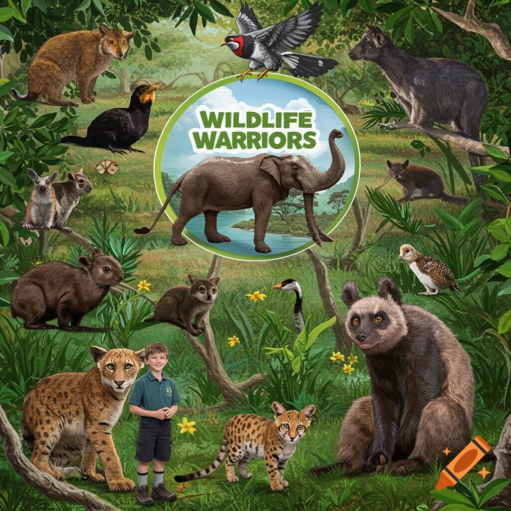 Various animals and a boy are in a jungle setting with a Wildlife Warriors logo. on Craiyon