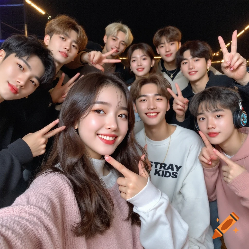 Young girl posing with Stray Kids and Felix, making hearts and peace ...