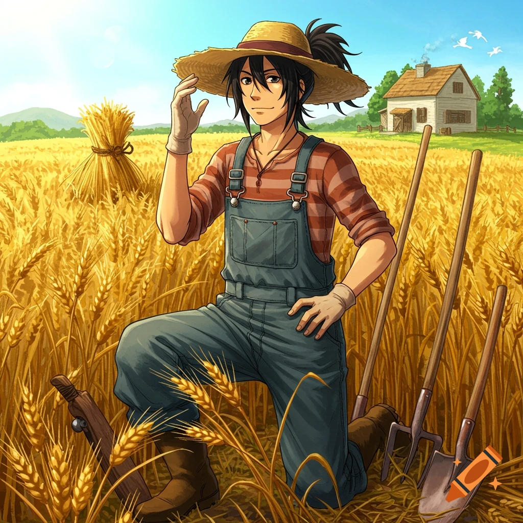 Anime-style image of a man in overalls and straw hat kneeling in a ...
