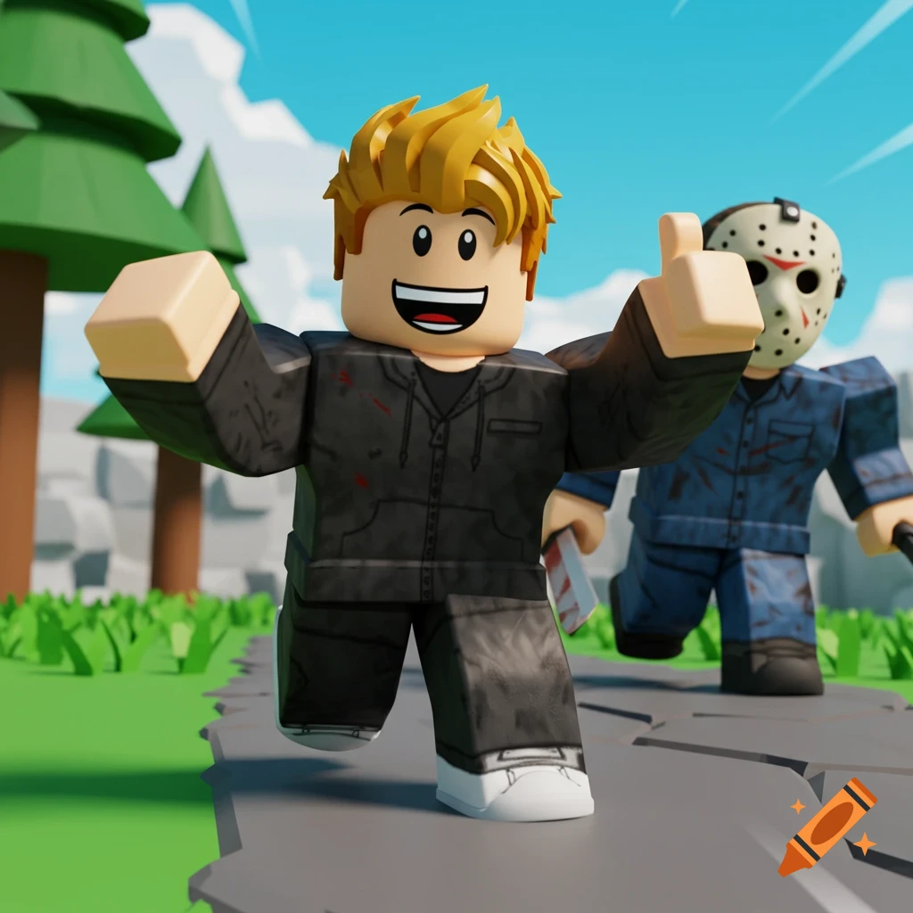 Roblox character runs from Jason Voorhees giving thumbs up on Craiyon
