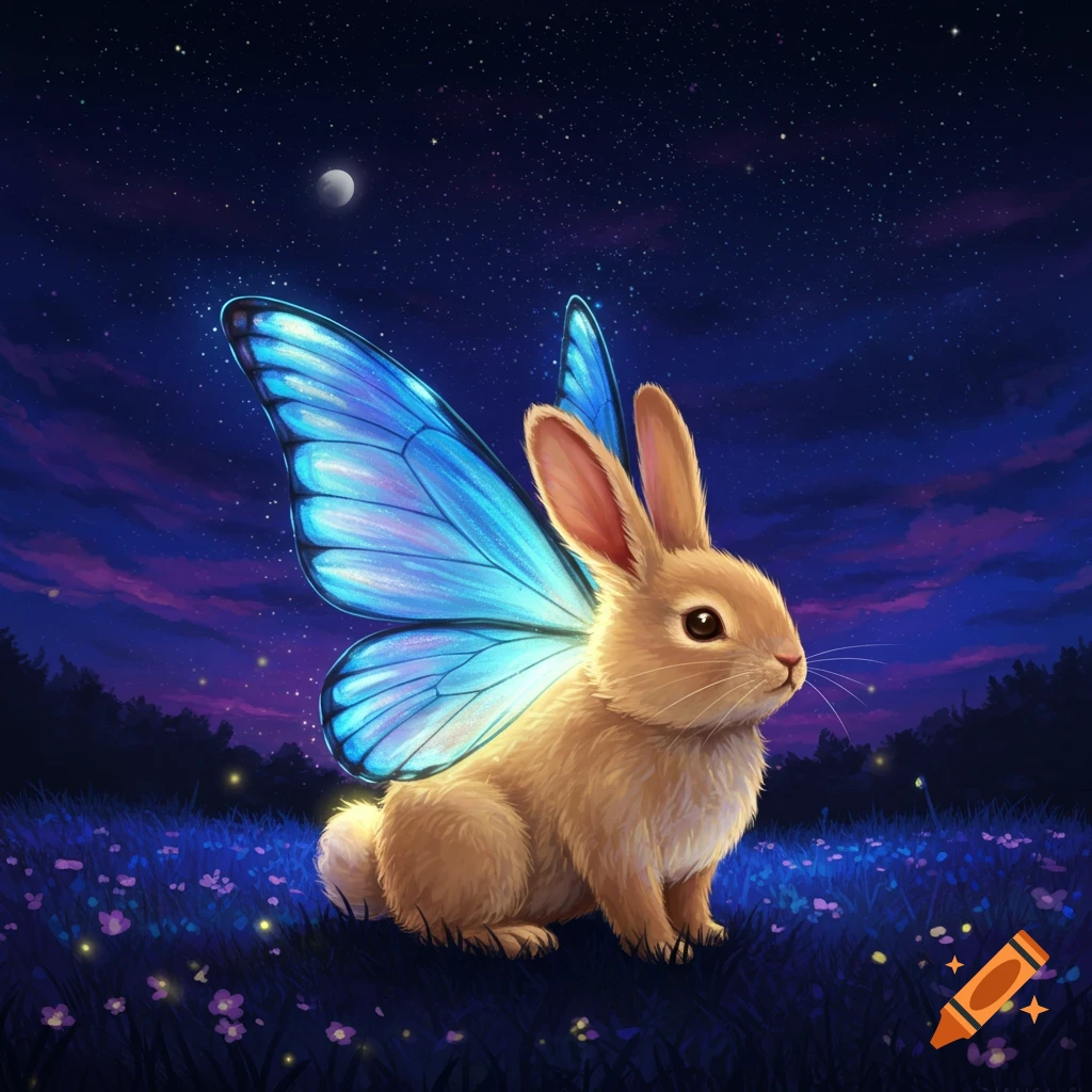 Glowing bunny with butterfly wings at night on Craiyon