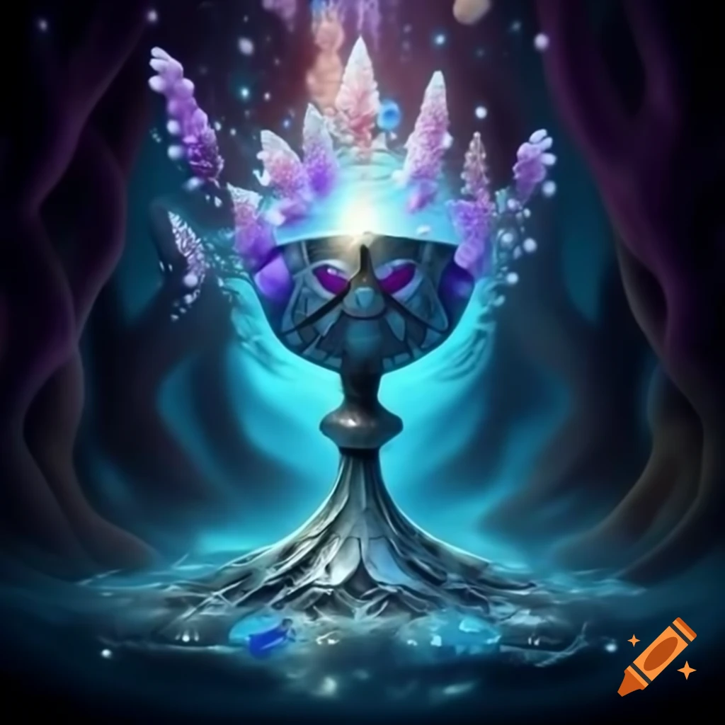 Intricate silver chalice amulet featuring tree of life design with blue ...