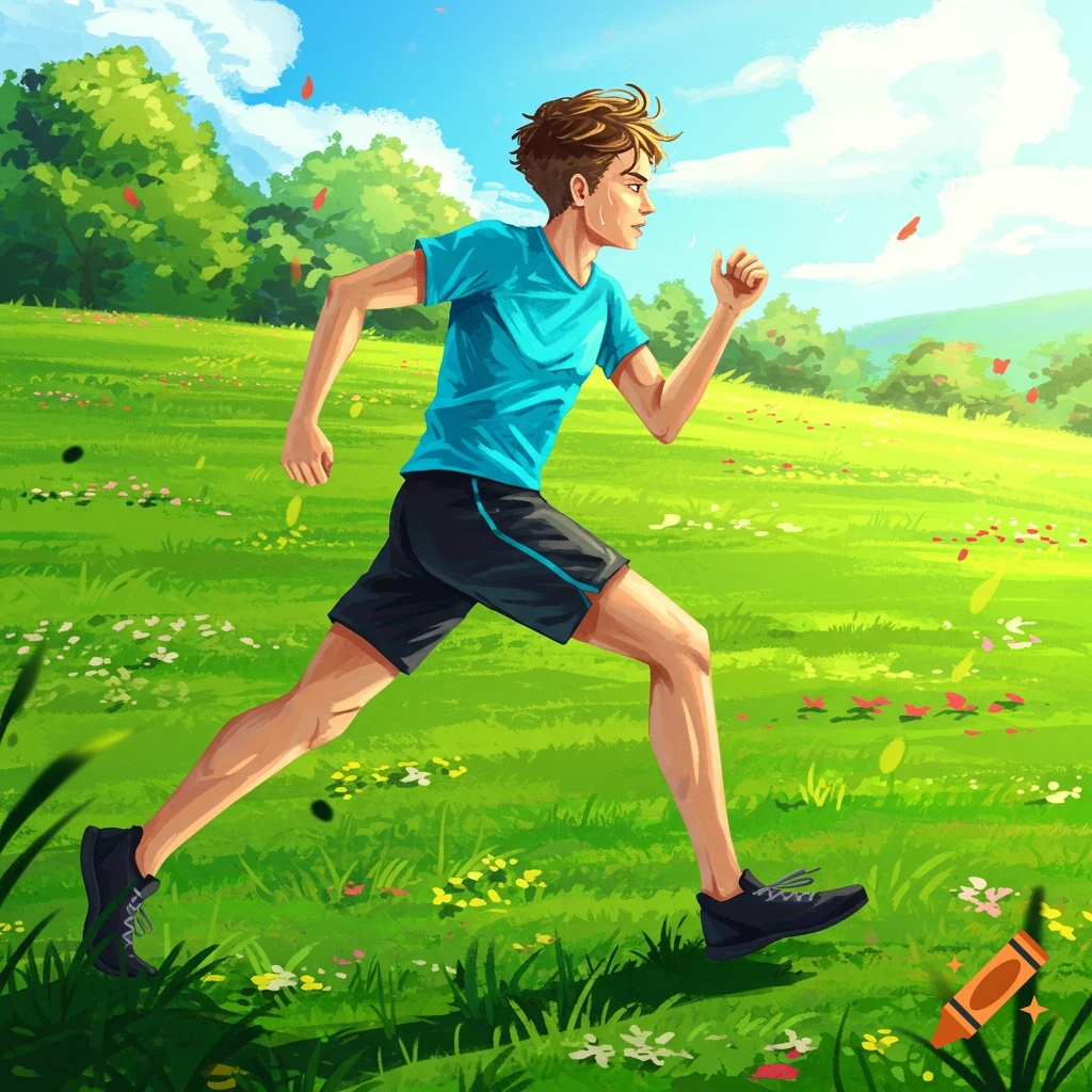 A person running through a sunny, grassy field. on Craiyon