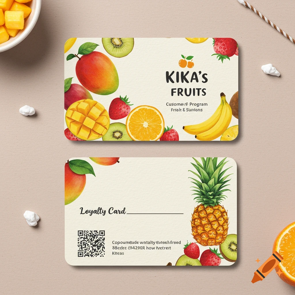 Loyalty cards for Kika's Fruits featuring fruit illustrations. on Craiyon