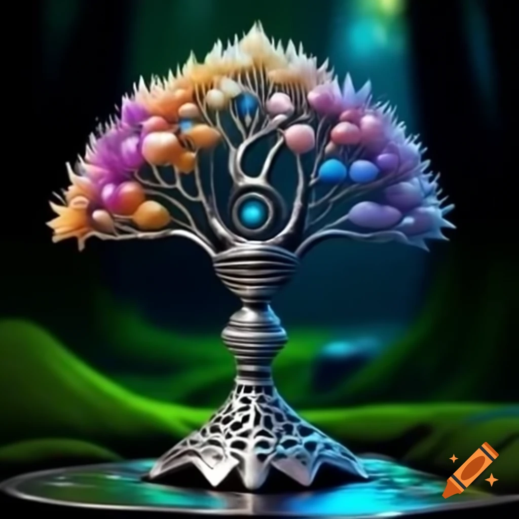 Intricate silver chalice amulet featuring tree of life design with blue ...