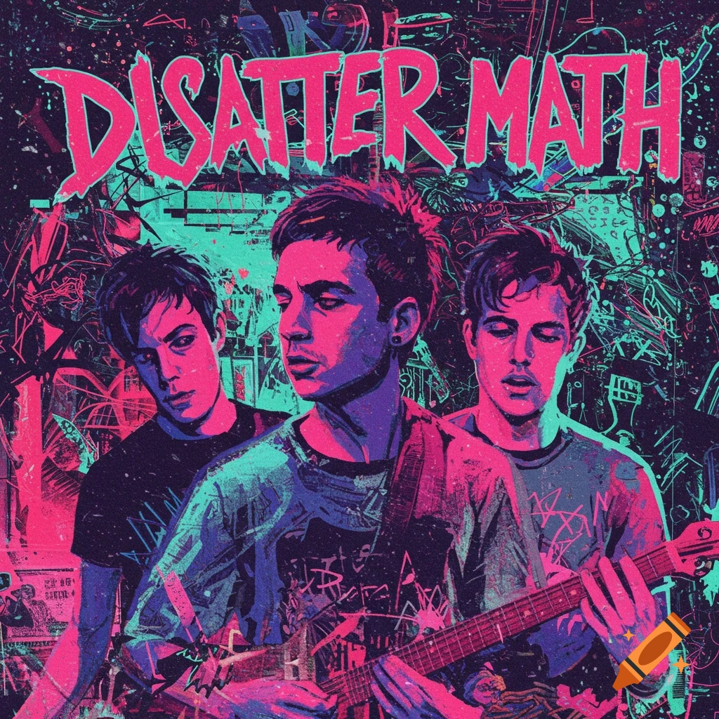 A band poster for 'Disaster Math' featuring three band members playing ...