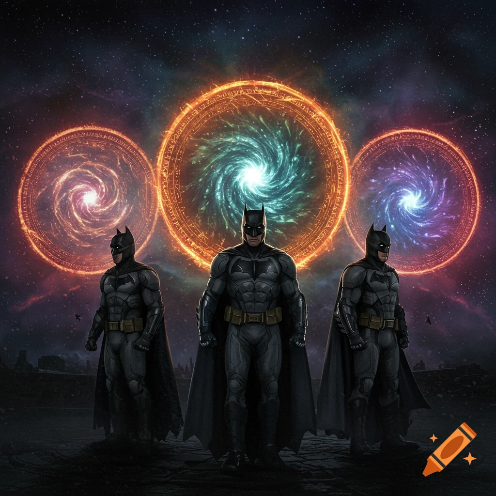 Three Batmen stand before cosmic glowing magical portals at night. on ...