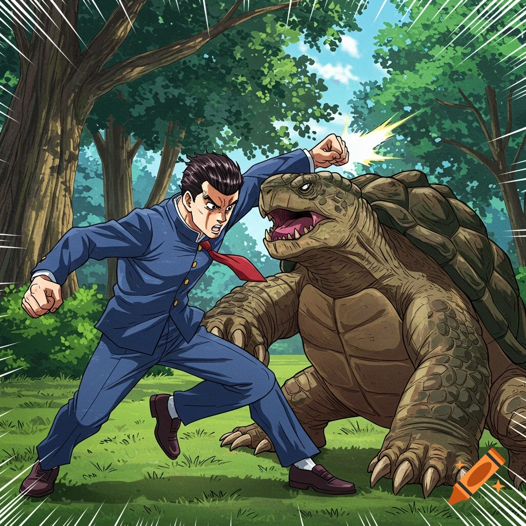 Jouske Higashikata fist fighting a turtle, anime style on Craiyon