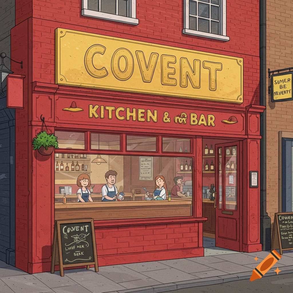 Brown cafe storefront with outdoor seating. on Craiyon