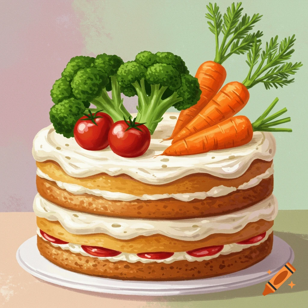 A two-layer cake topped with cream frosting, broccoli florets, carrots ...