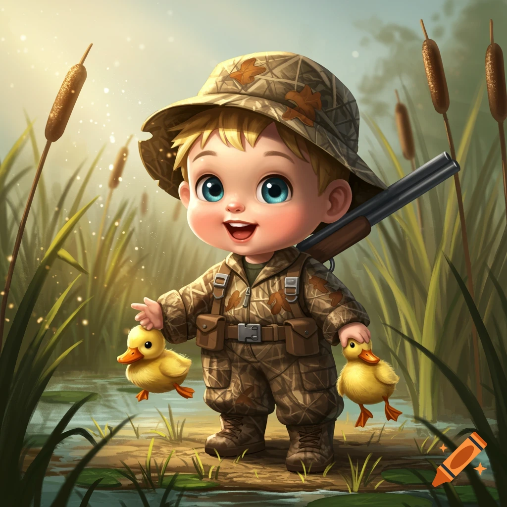 Cartoon of a boy in camouflage holding toy gun and two ducklings in a wetland. on Craiyon
