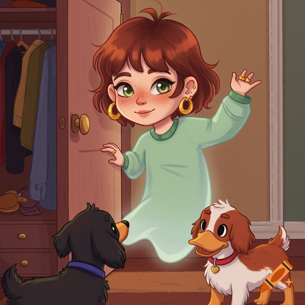 Cartoon ghost girl peeking from closet with two dogs on Craiyon