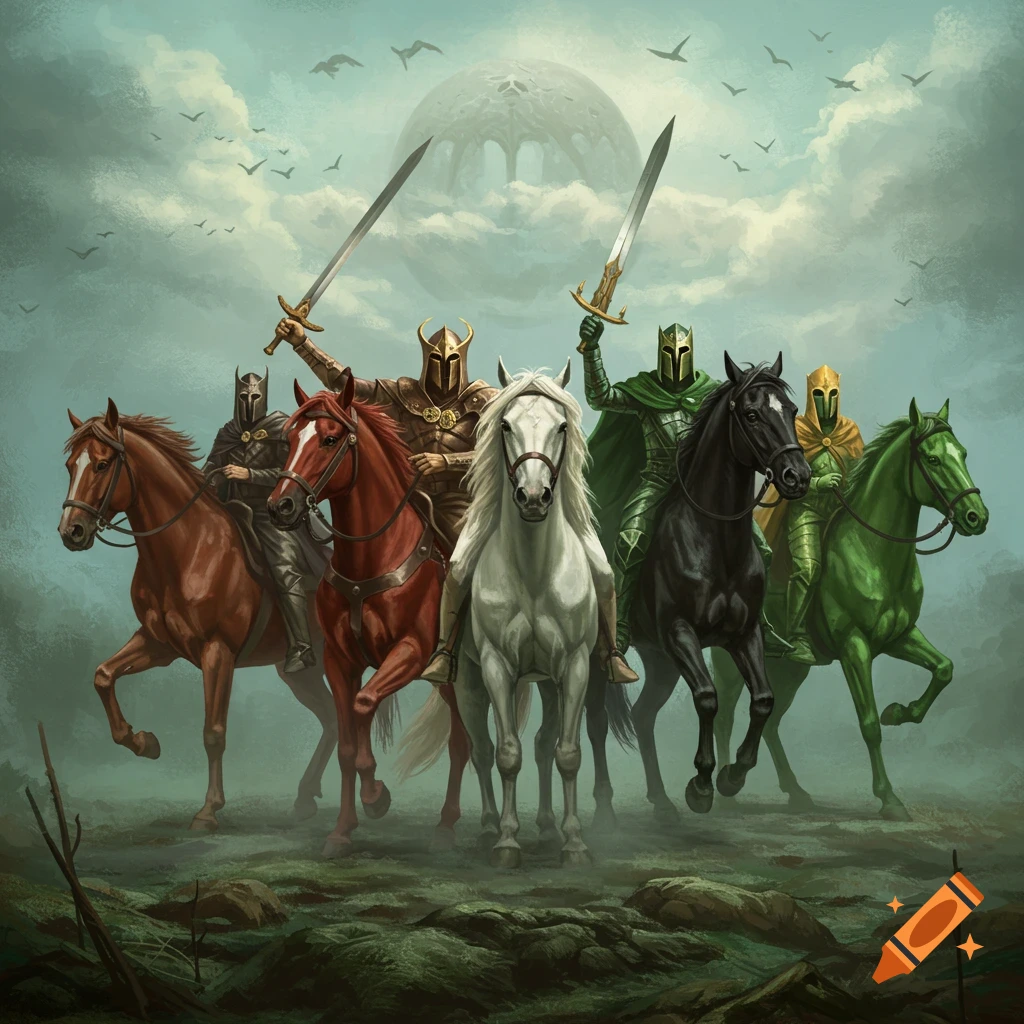 Five armored riders on red, white, black, and green horses raise swords ...