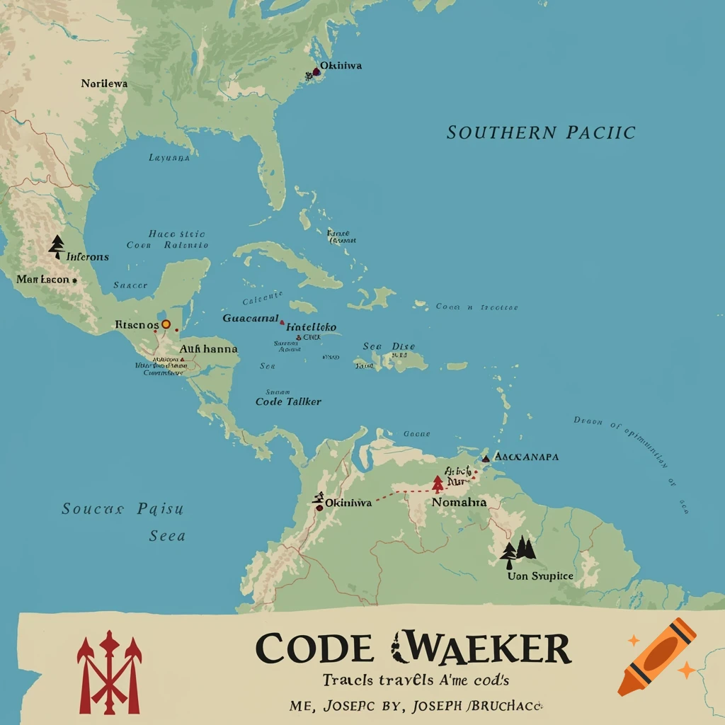 Map of the Southern Pacific tracing Ned's travels as a code talker from ...