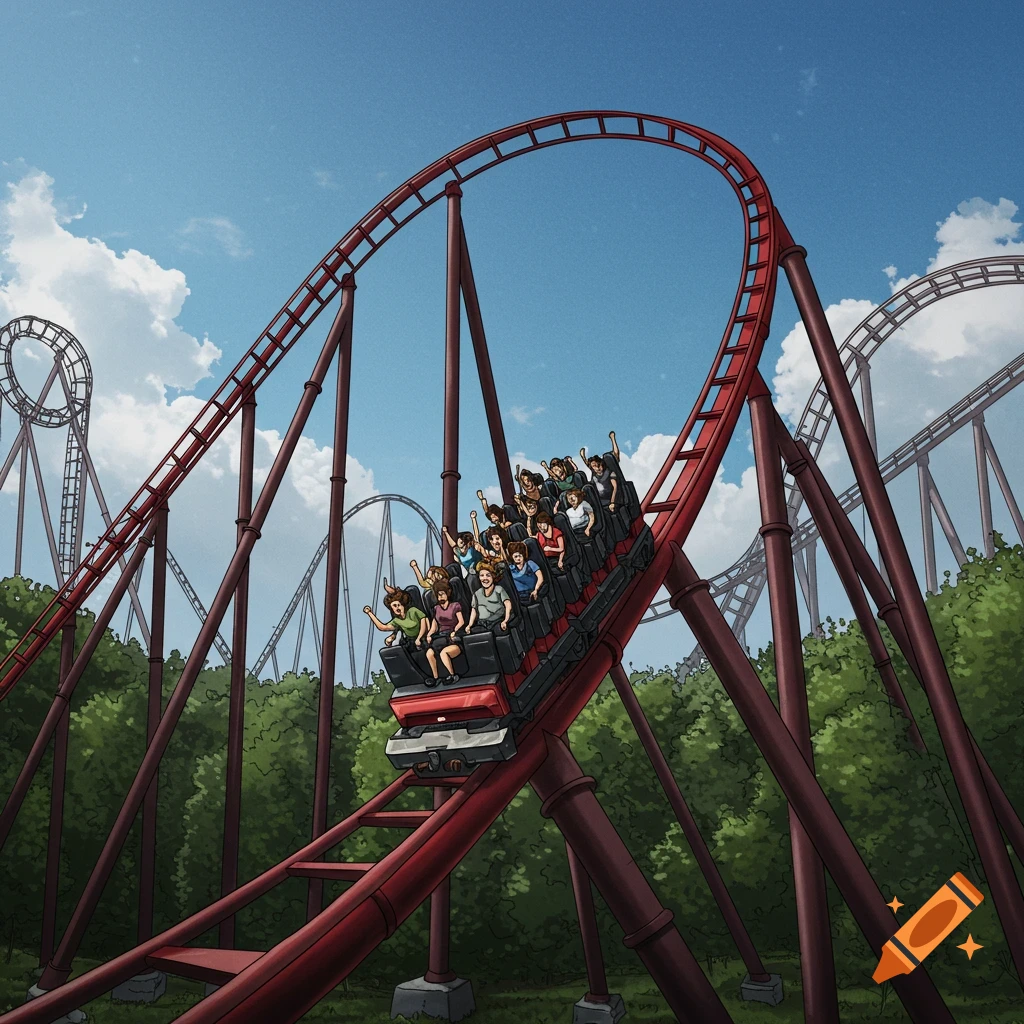 A red roller coaster full of riders is ascending a track against a blue ...