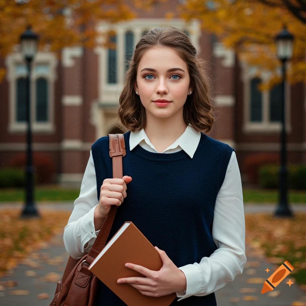 Young woman student walking on a college campus in autumn, carrying a ...