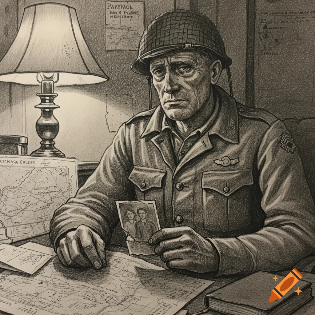 Pencil drawing of a WWII soldier's memory on Craiyon
