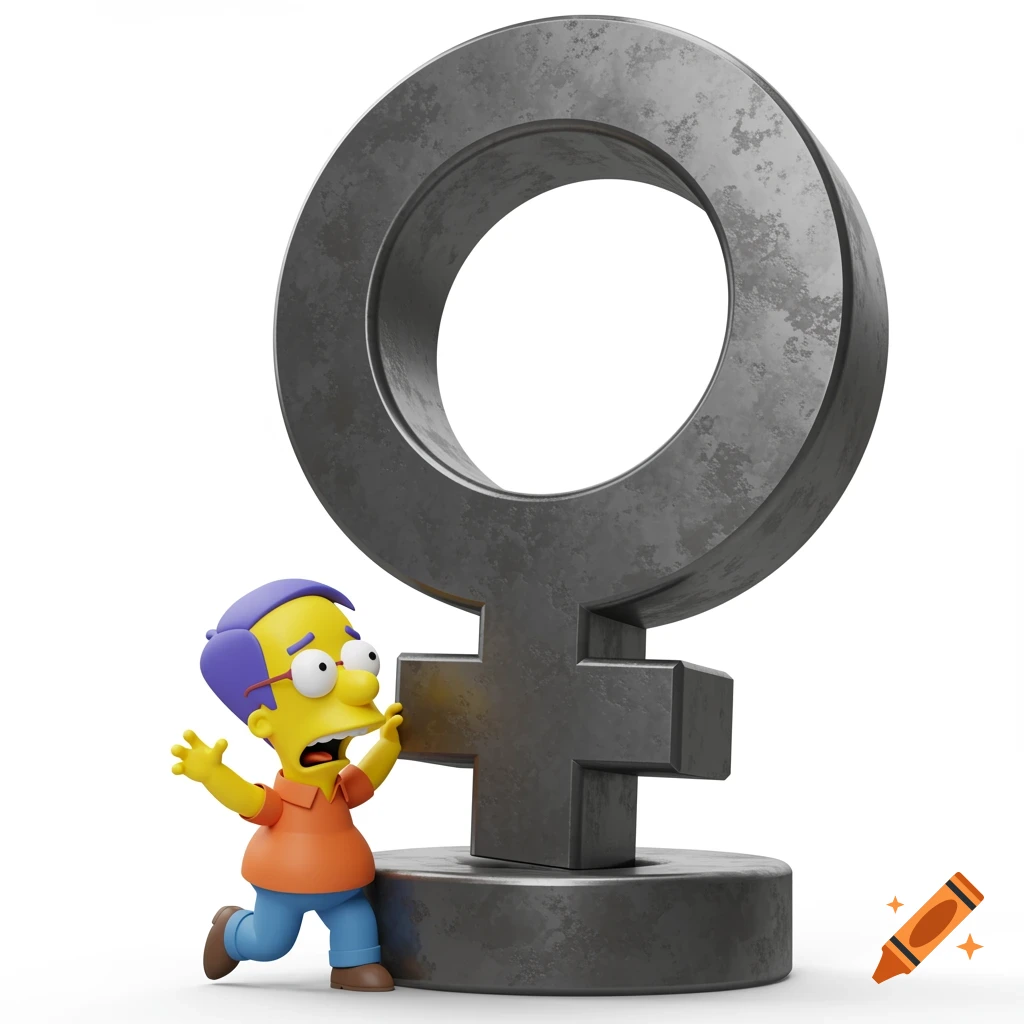 Milhouse looks scared next to a large metallic female symbol in a 3D ...