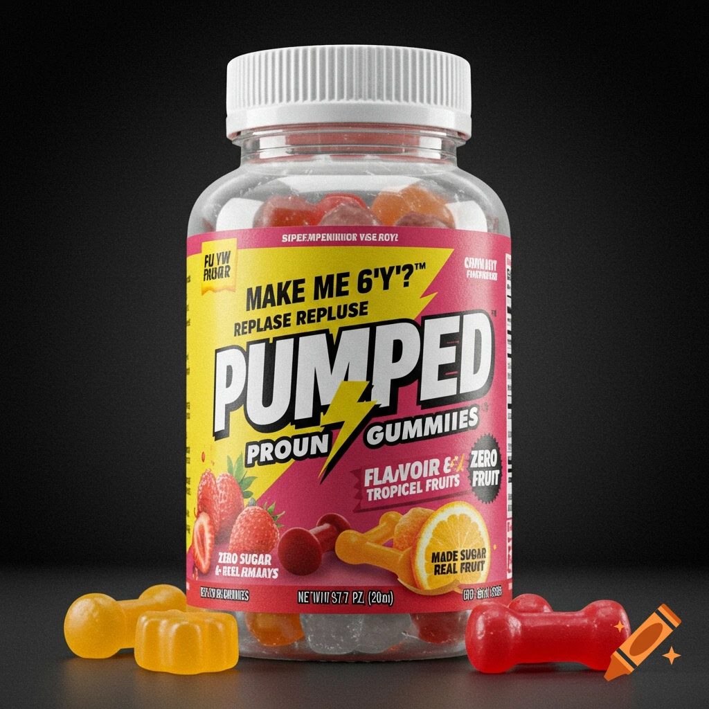 PUMPED protein gummies bottle with lightning strike E, tropical fruit ...