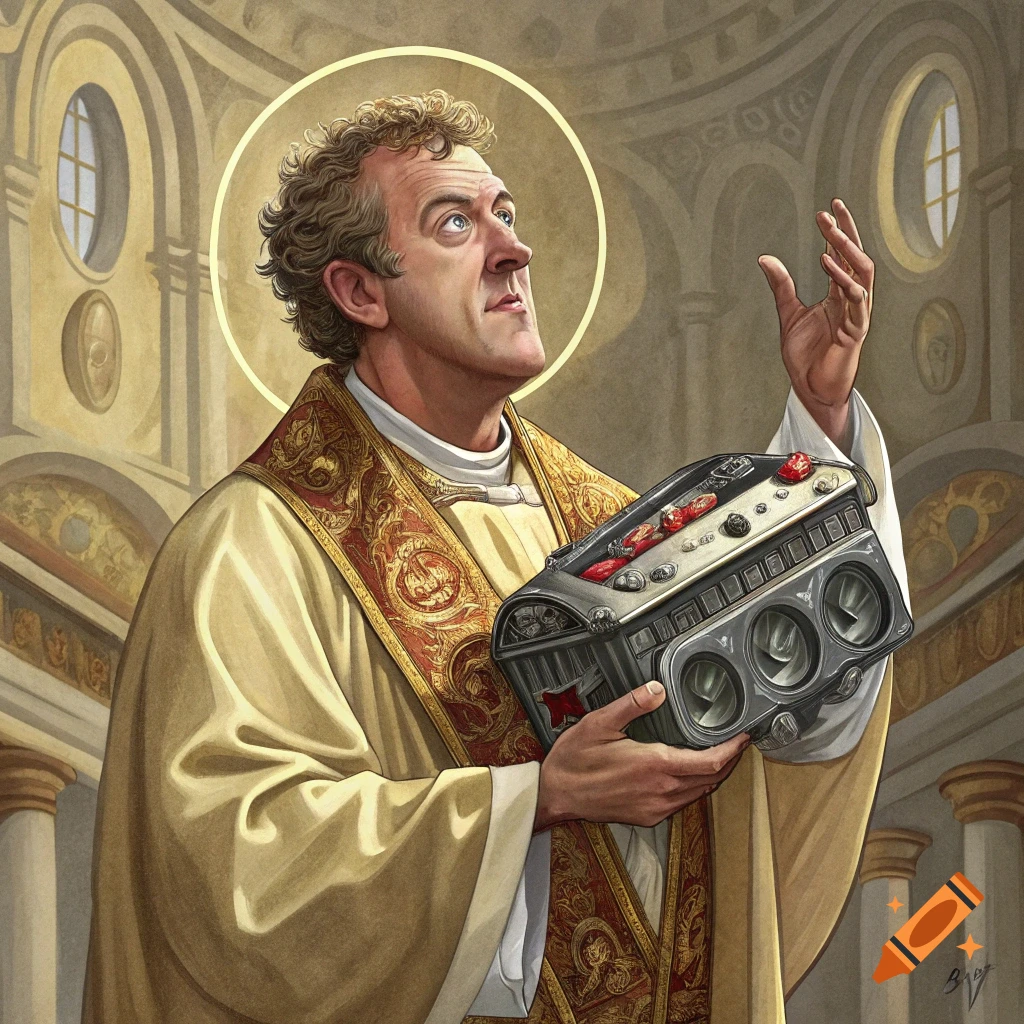 Renaissance icon painting of Jeremy Clarkson in saintly vestments, halo ...