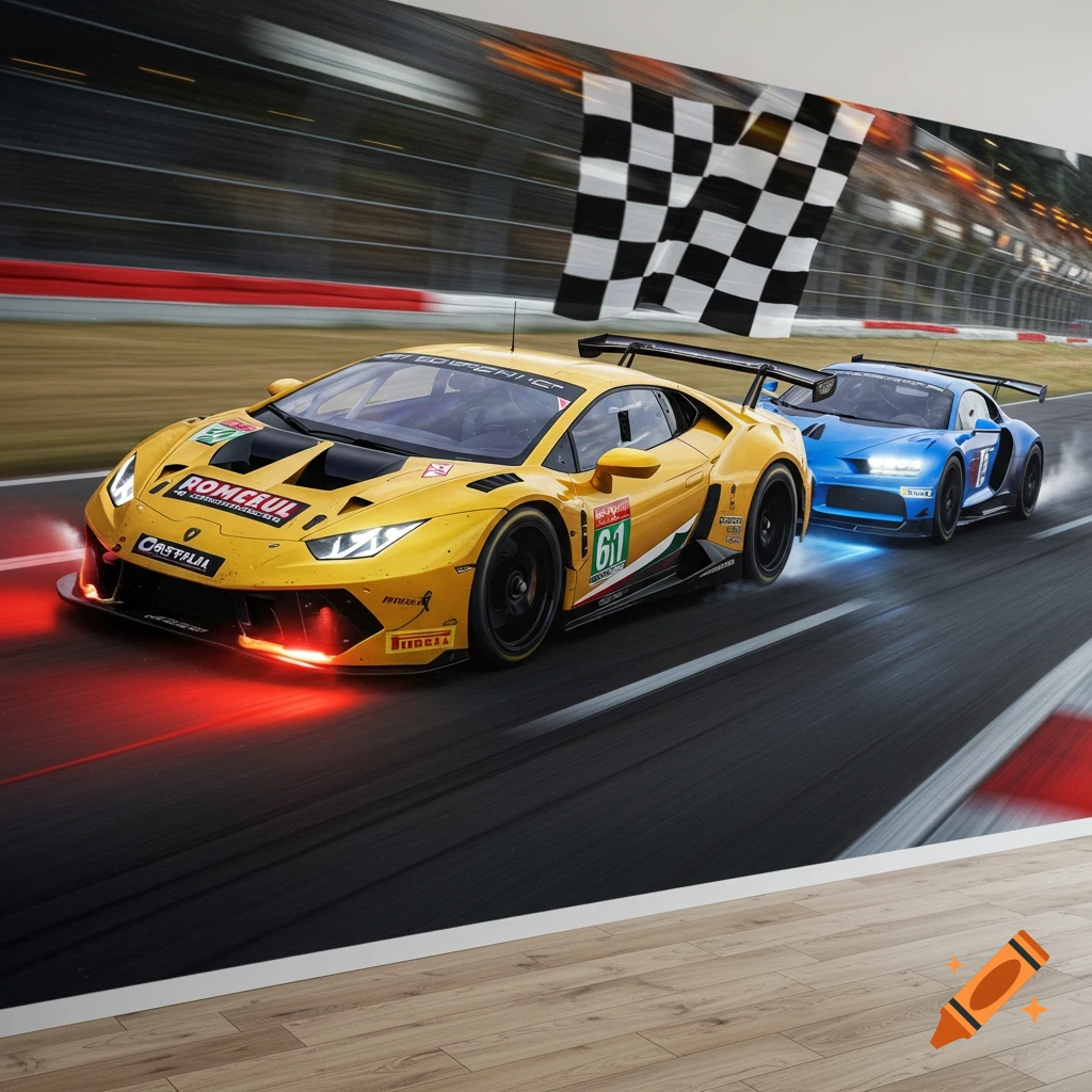 Two race cars, yellow and blue, on a track with a checkered flag. on ...