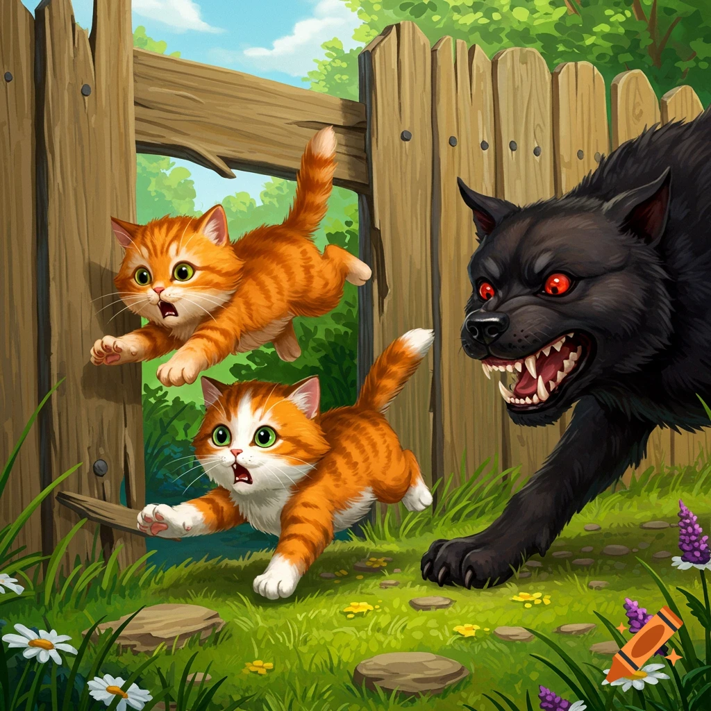 Two cartoon kittens escape through a fence hole from a scary black dog ...