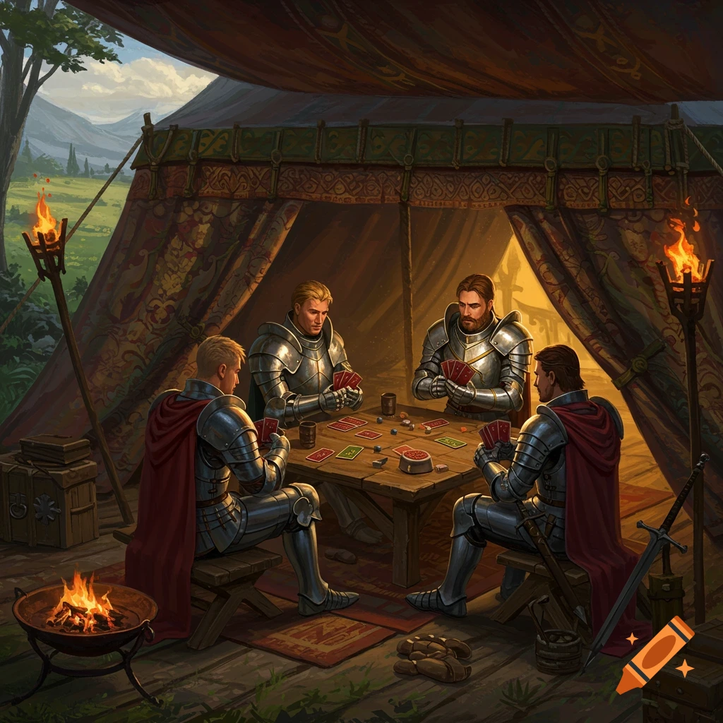 Knights playing cards inside a tent at night. on Craiyon