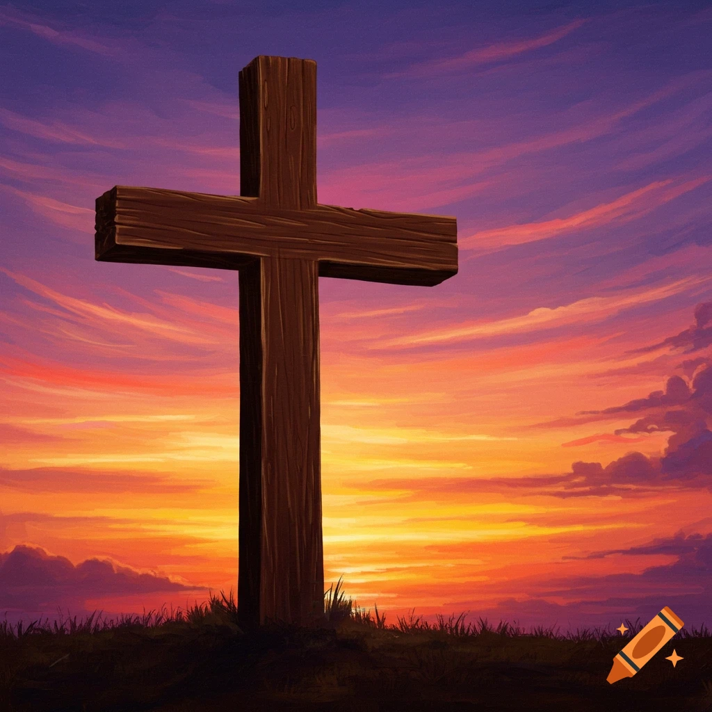A wooden cross stands on a sandy beach at sunset with the ocean in the ...