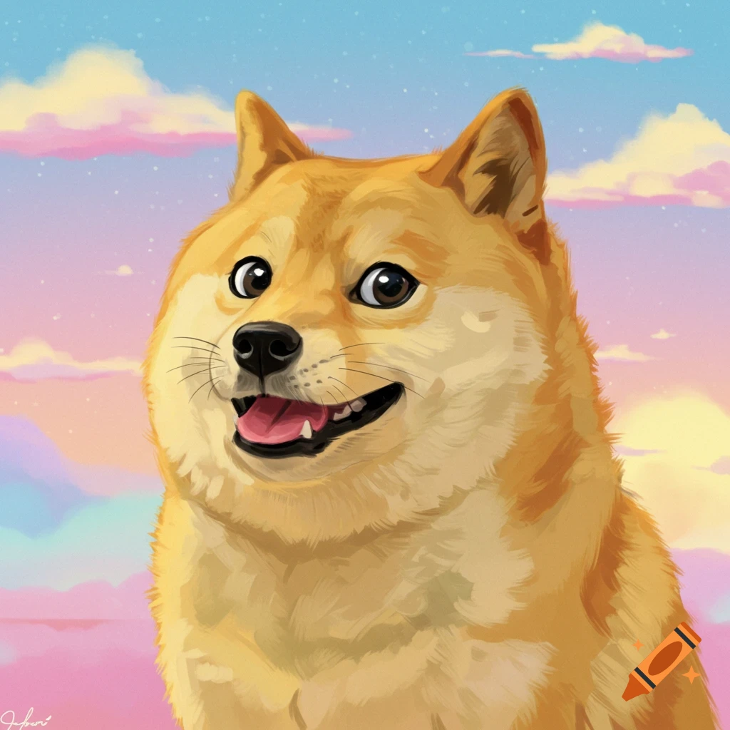 An illustrated Shiba Inu in a purple crayon costume sits in a green ...