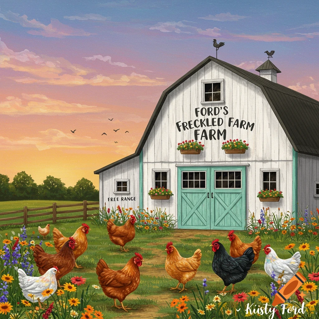 An illustration of a farm scene with a barn, chickens, and wildflowers ...