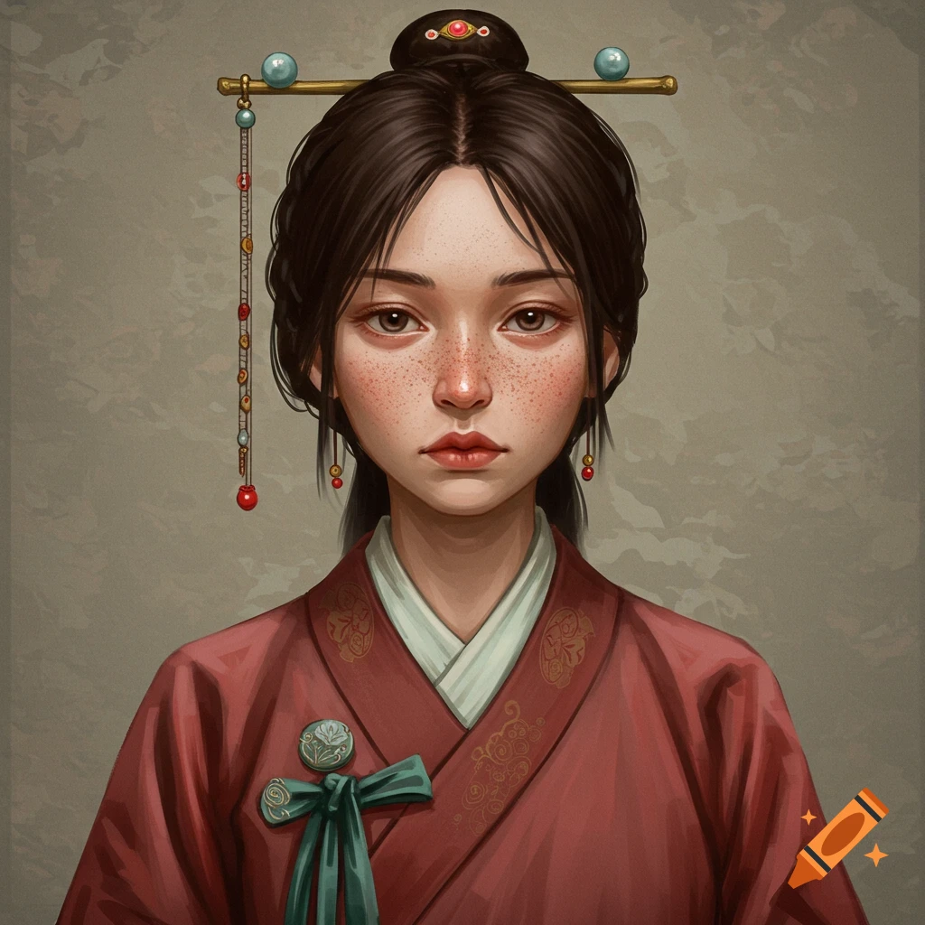 Portrait of a young woman with freckles wearing a red aoqun hanfu and ...