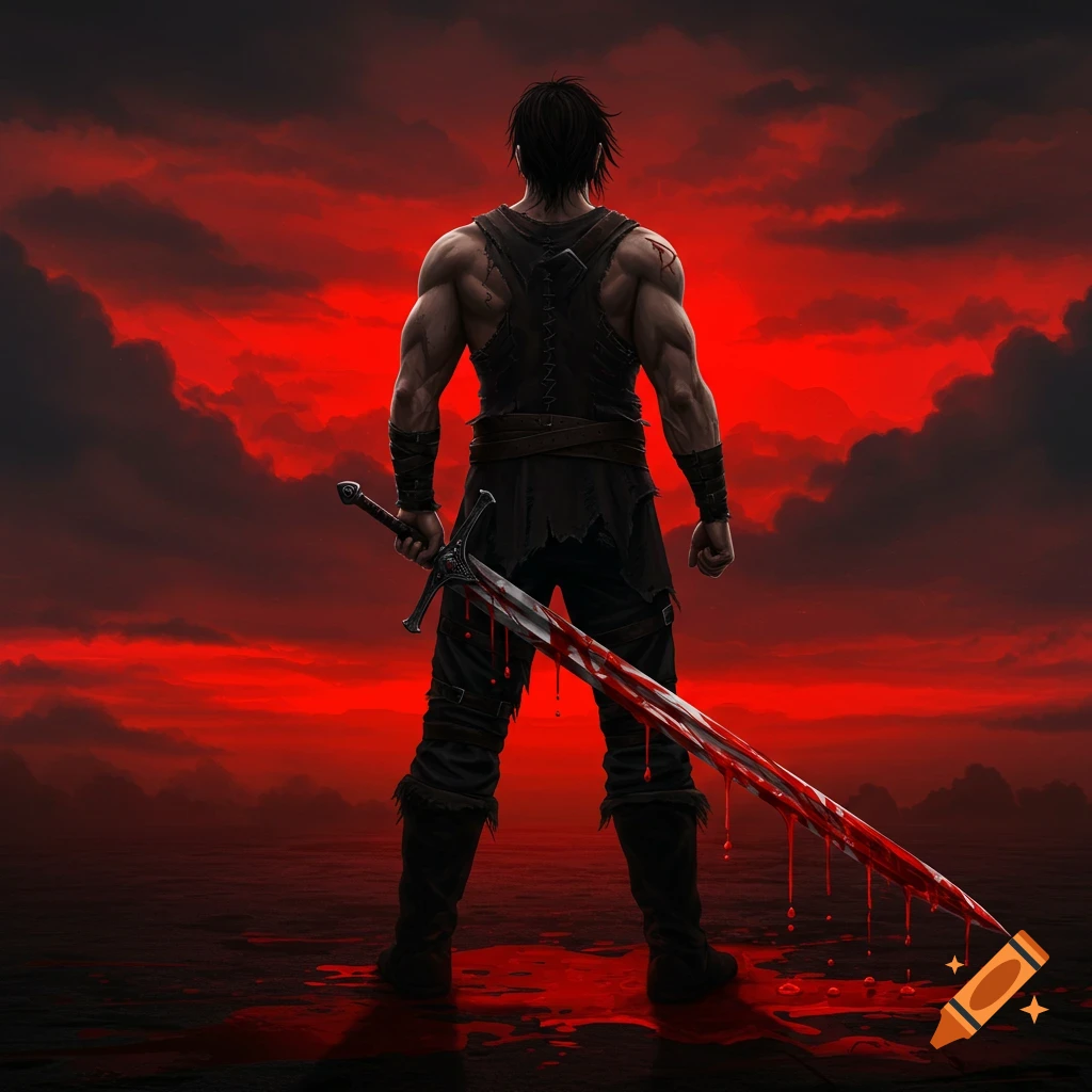 Villain silhouette with sword looking at red sunset from hilltop on Craiyon
