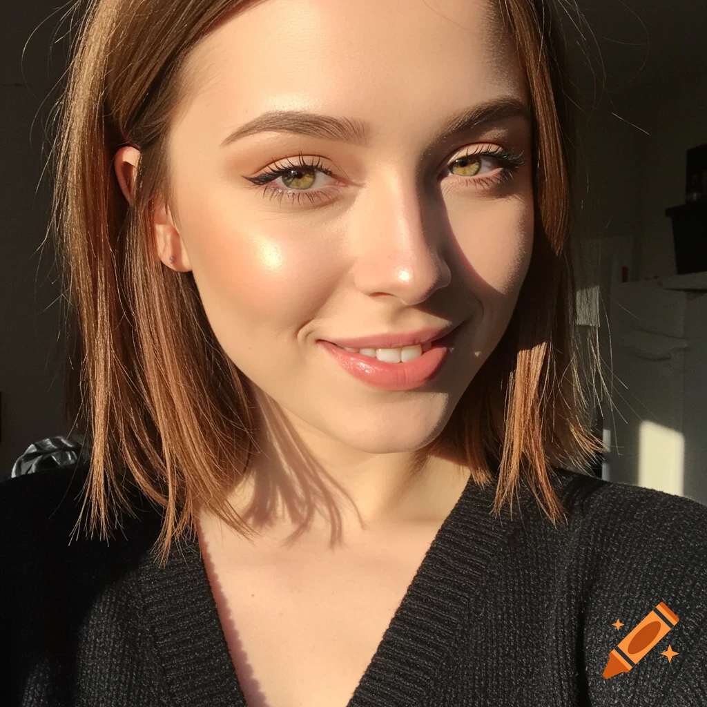 Closeup photo of Chloe, 23, in black sweater with cleavage and warm ...