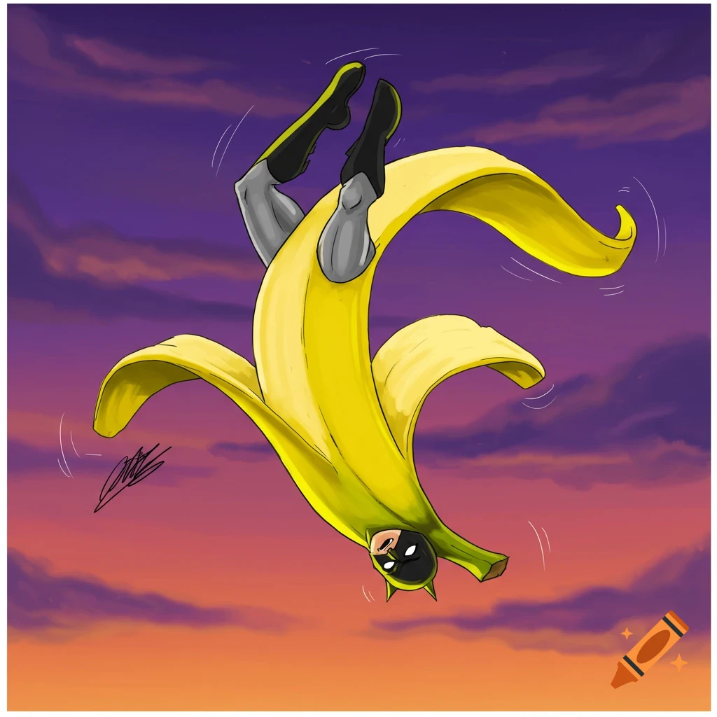 A cartoon banana character holds a sword against a purple space ...