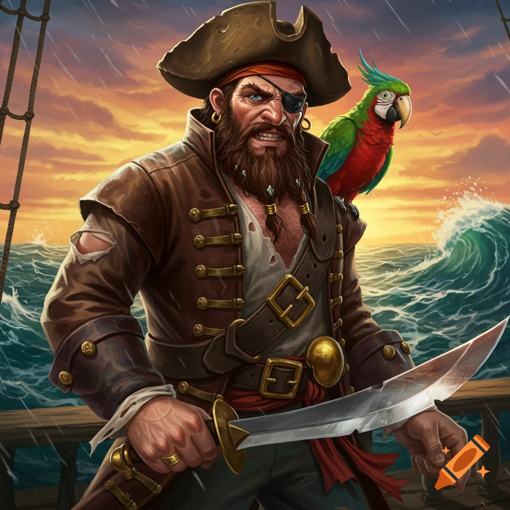 A fearsome pirate stands on a ship deck holding a cutlass at sunset on ...