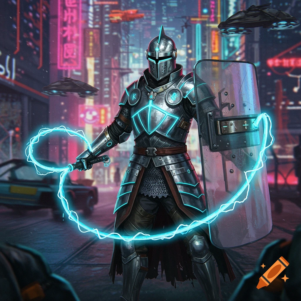 A knight in modern armor holding a glowing sword and a shield with a ...