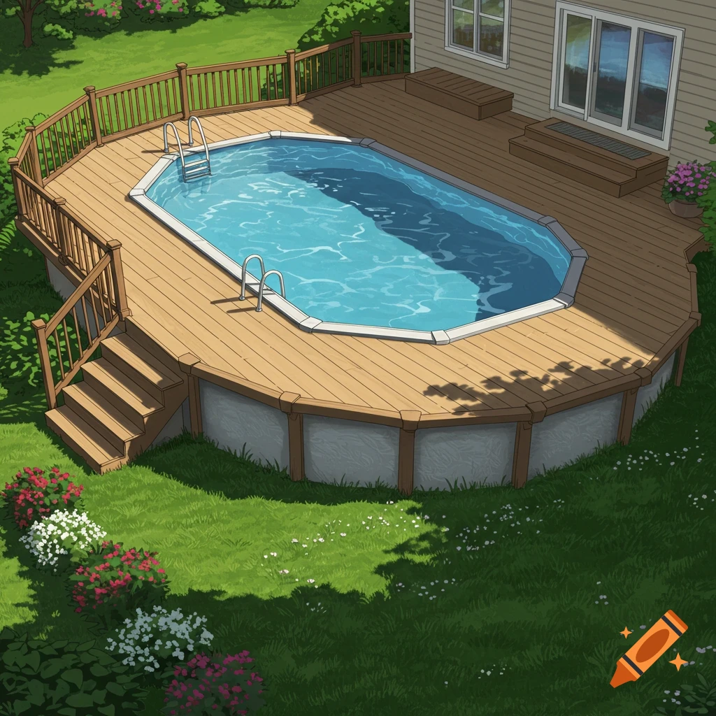 Above ground pool in sloped yard with deck on Craiyon