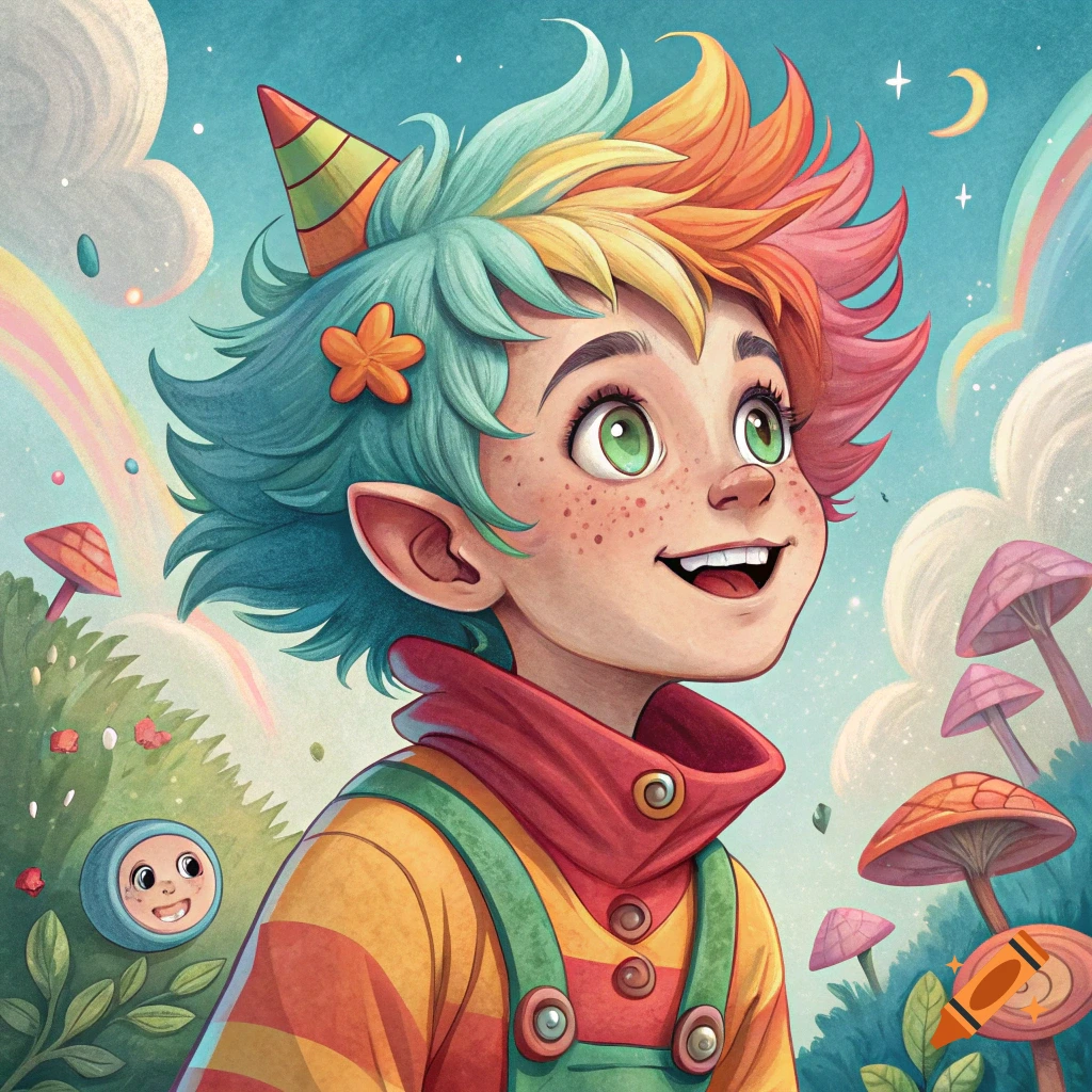 Illustration of a cheerful fantasy character with rainbow hair and a ...